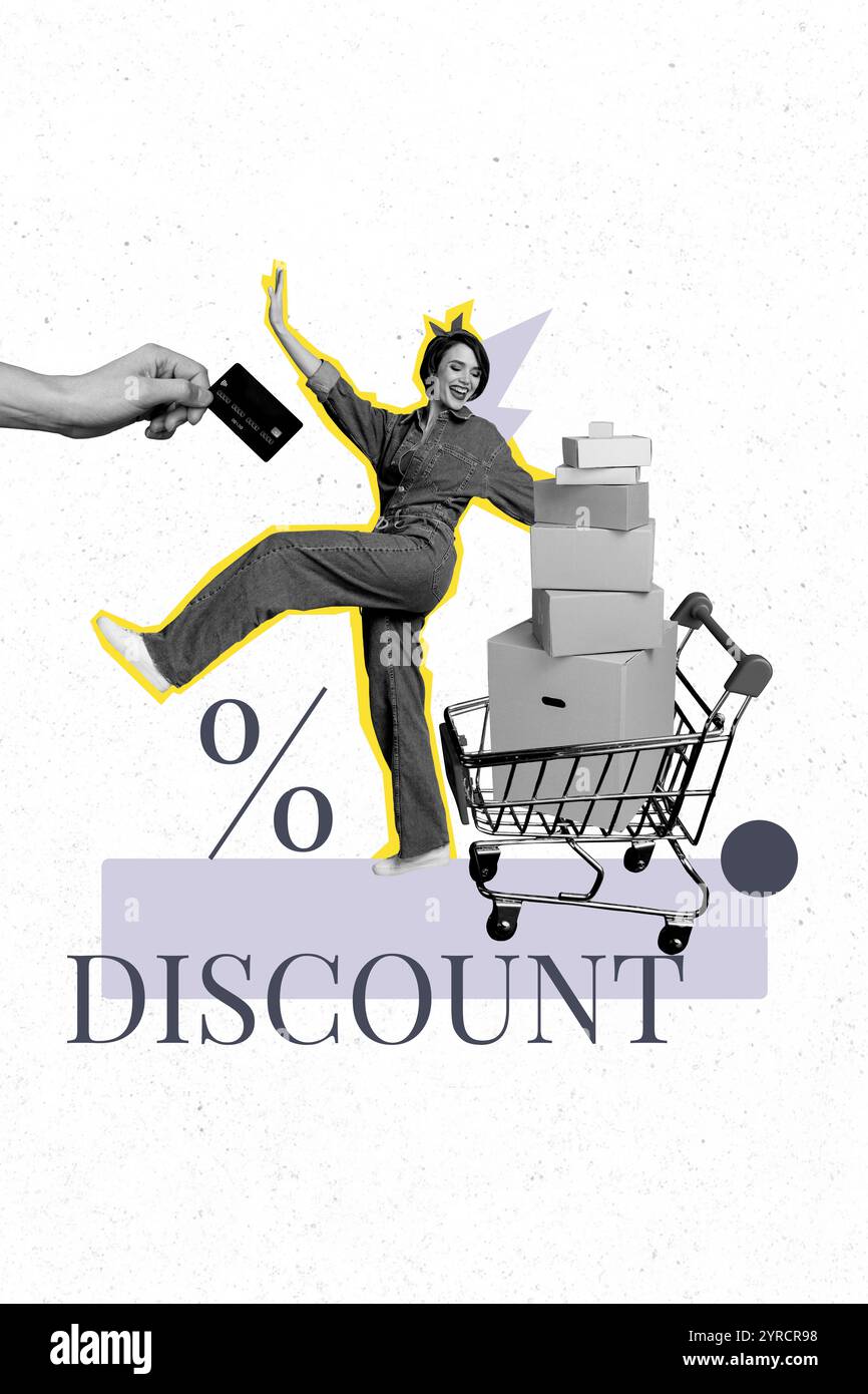 Vertical poster collage young woman shopping cart supermarket rate ...