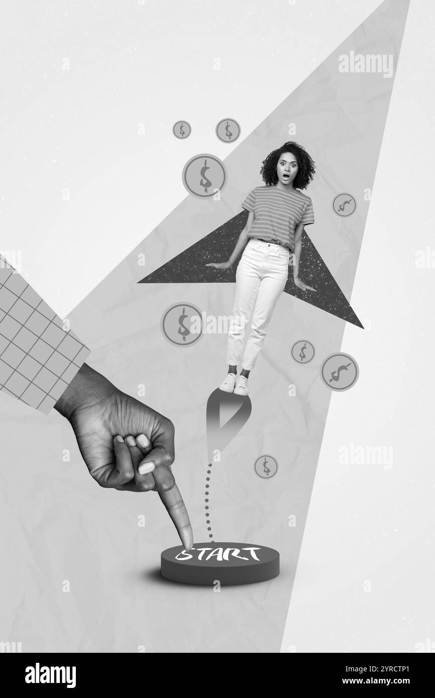 Vertical collage image of arm finger press start button launch mini ...