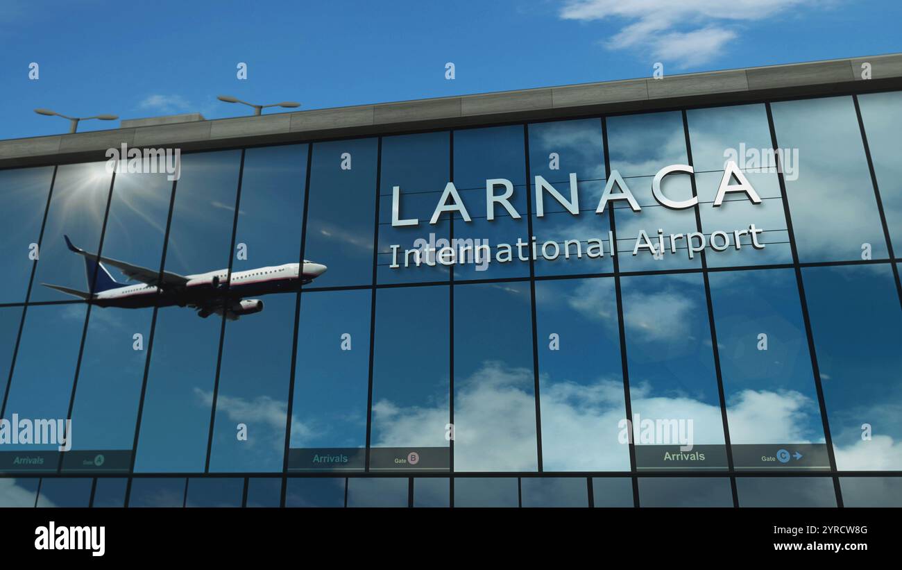 Aircraft landing at Larnaca, Cyprus 3D rendering illustration. Arrival ...