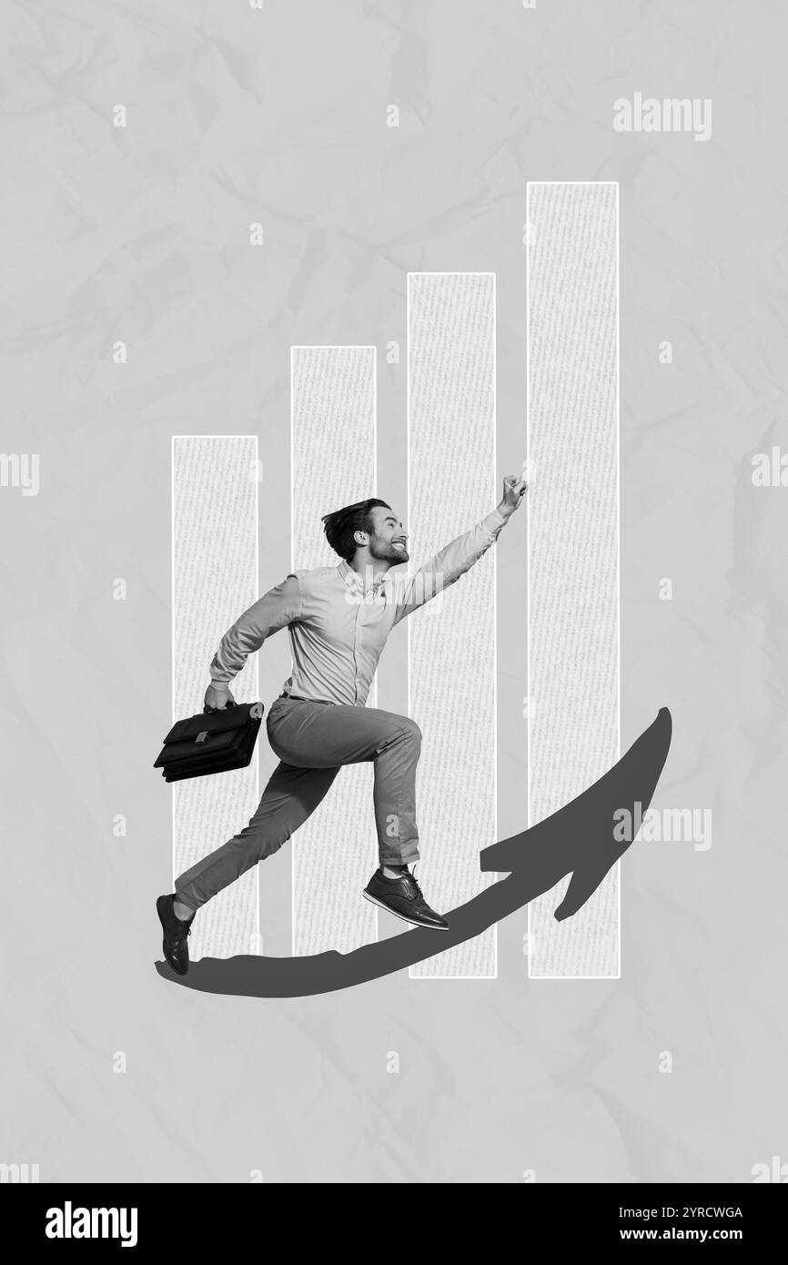 Collage photo of running fast rush young businessman arrow increase up ...