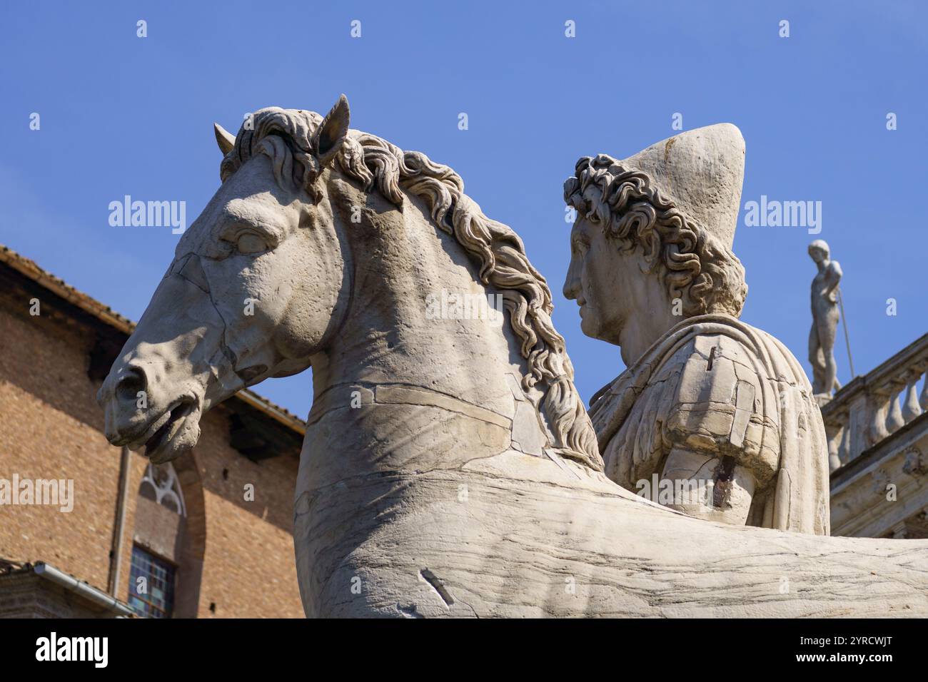 Sculpture of one of the two sons of Zeus called Dioscuri at the end of ...