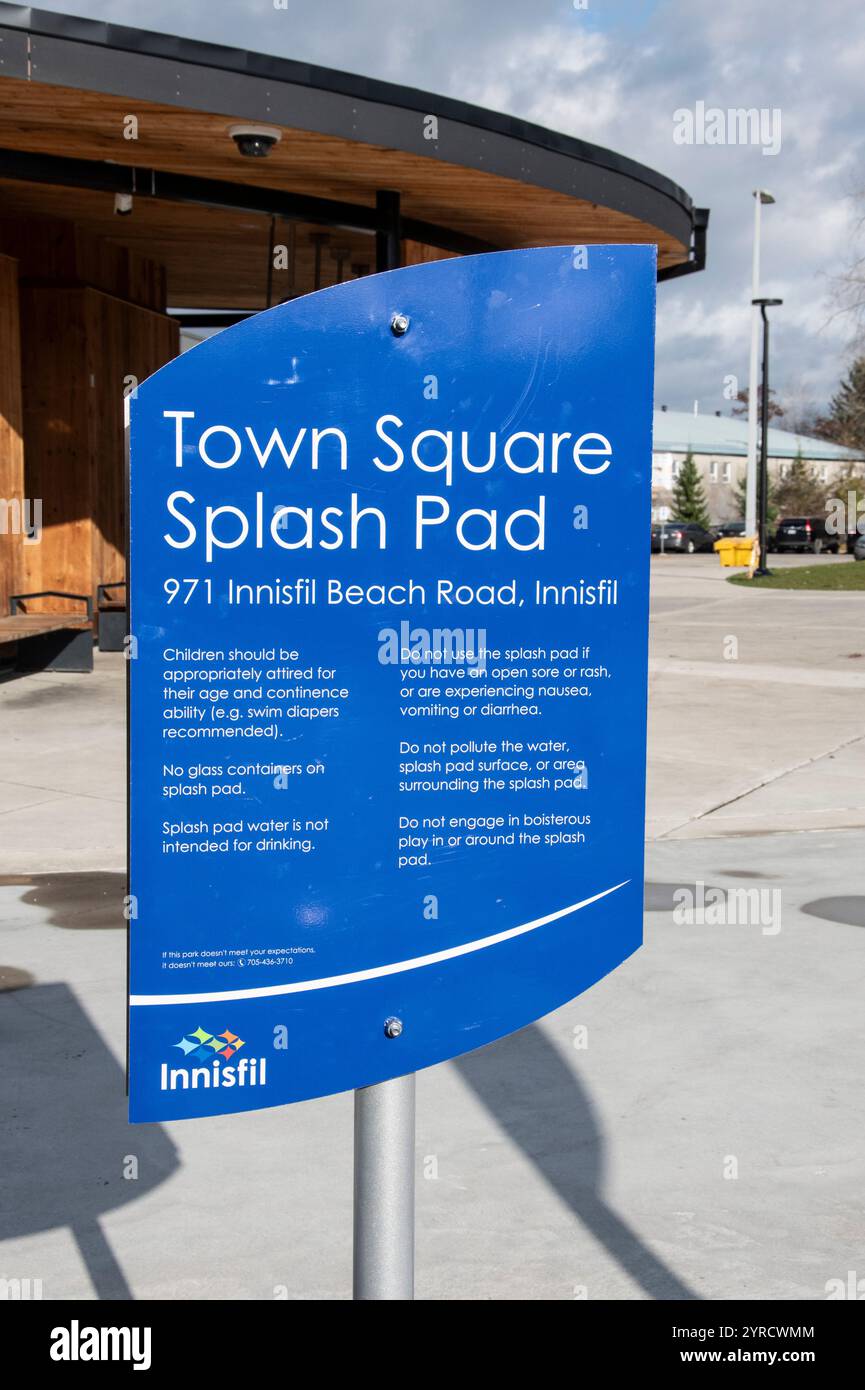 Splash pad sign at Town Square park on Innisfil Beach Road in Innisfil ...