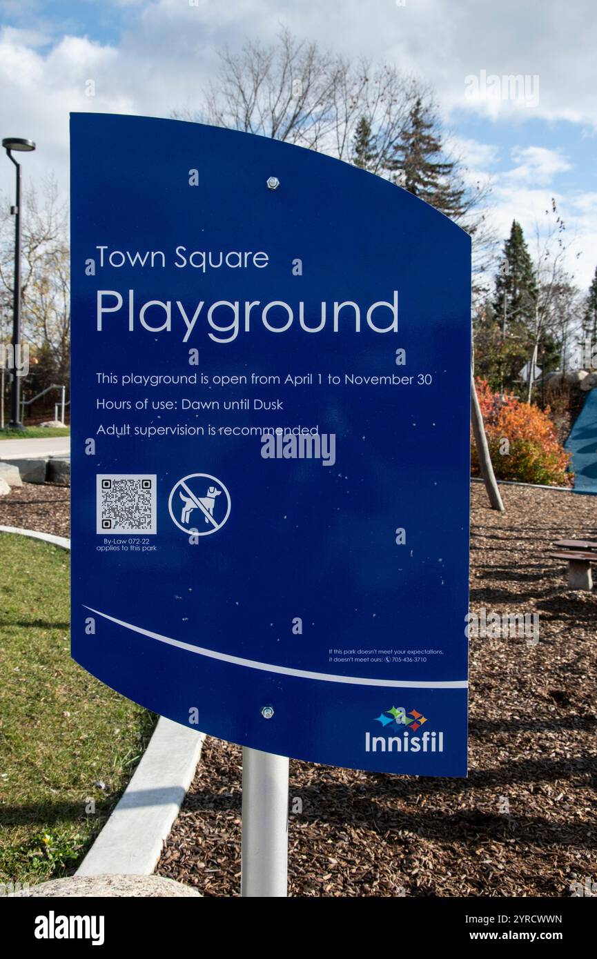 Playground sign at Town Square park on Innisfil Beach Road in Innisfil, Ontario, Canada Stock ...