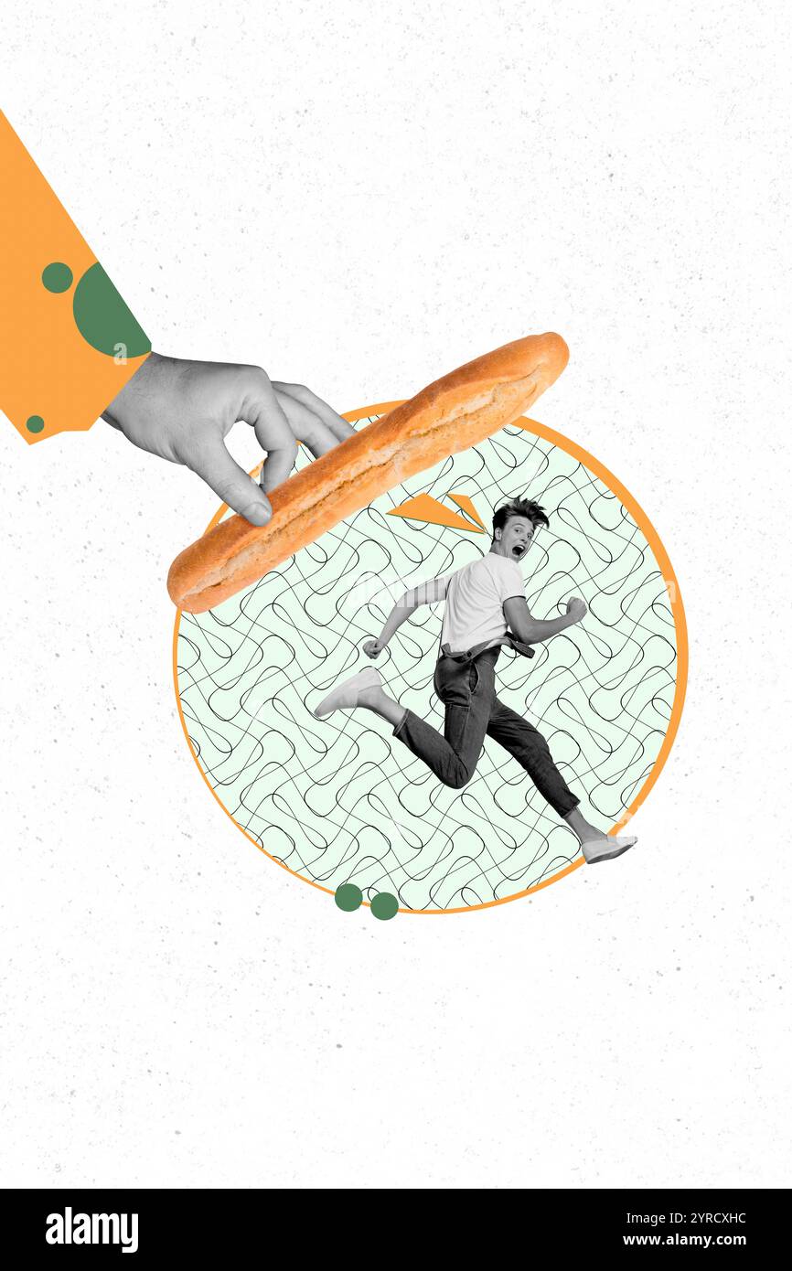 Vertical photo collage of scream man run market loaf bread nutrition ...