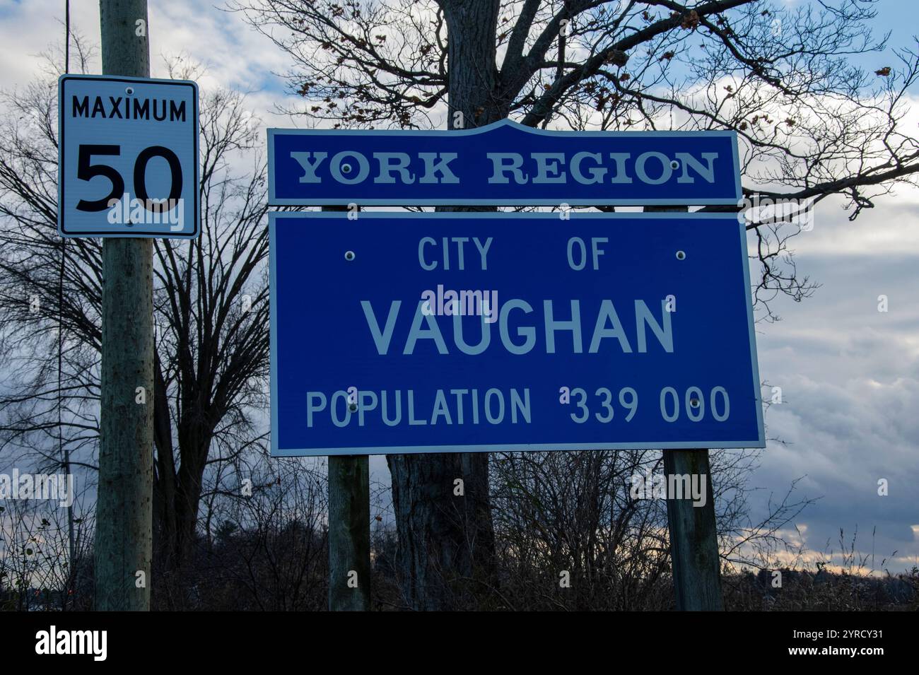 Welcome to Vaughan and speed limit signs on Weston Road in Toronto ...
