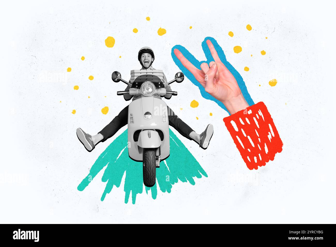 Collage 3d image of pinup pop retro sketch of hand show rock sign ride ...