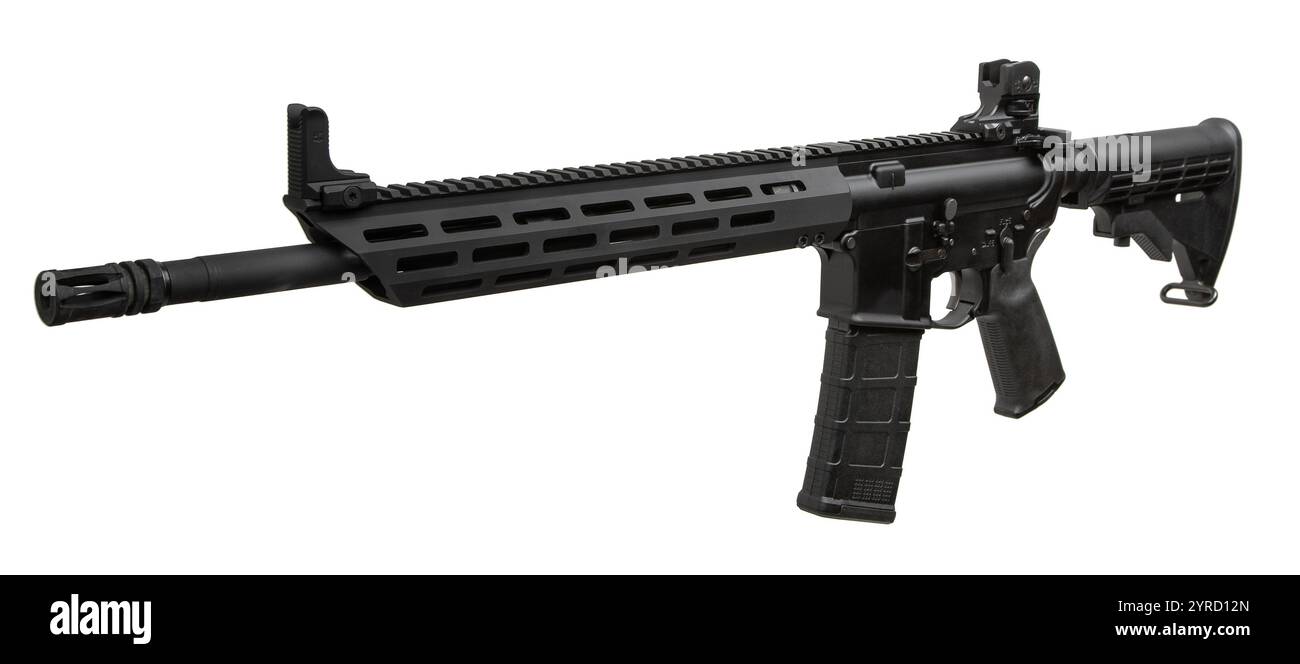 Modern AR-style rifle with a lightweight modular design, black matte ...