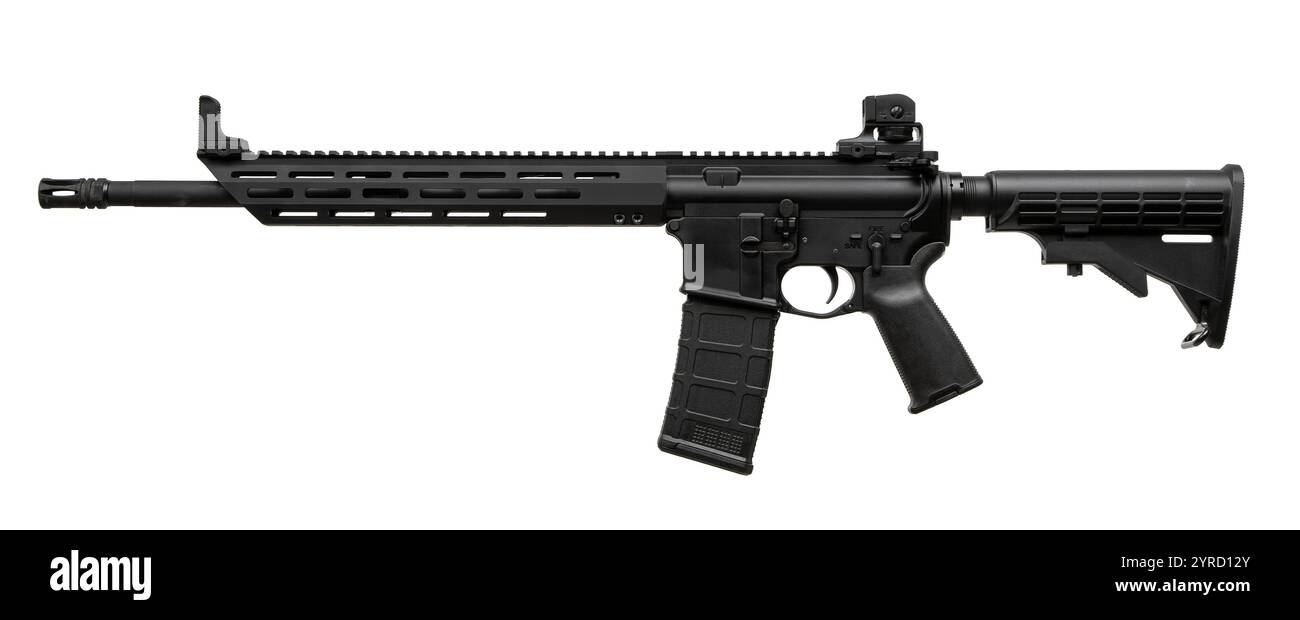 Modern AR-style rifle with a lightweight modular design, black matte ...