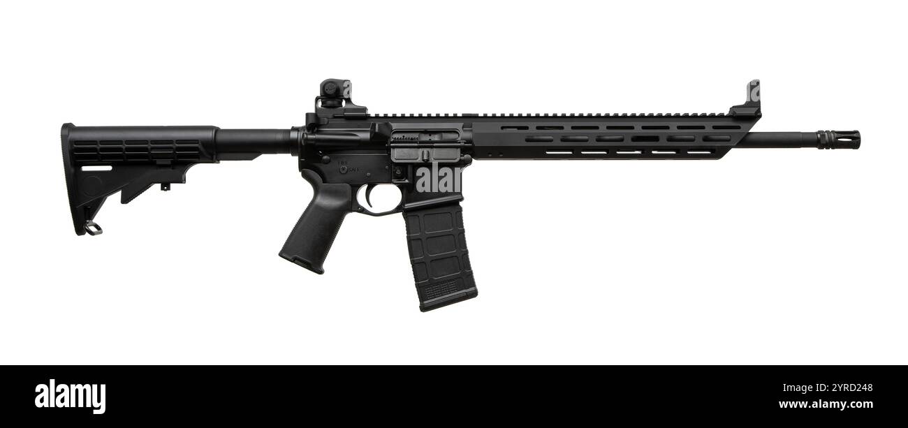 Modern AR-style rifle with a lightweight modular design, black matte ...