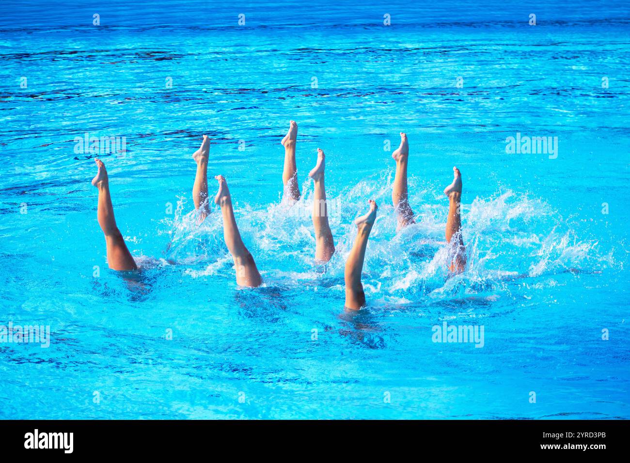 Synchronized swimmers team performing artistic swimming in the swimming ...