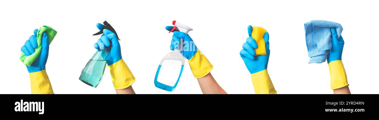 Cleaning services, hands set with cleaning supplies on white background ...