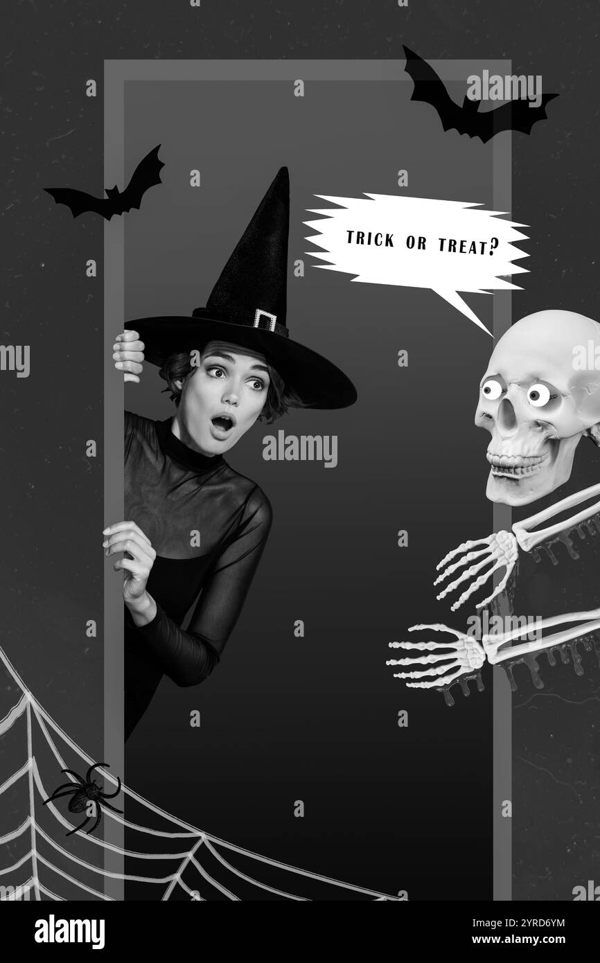 Collage photo of shocked scared fear witch wear cone hat inside frame ...