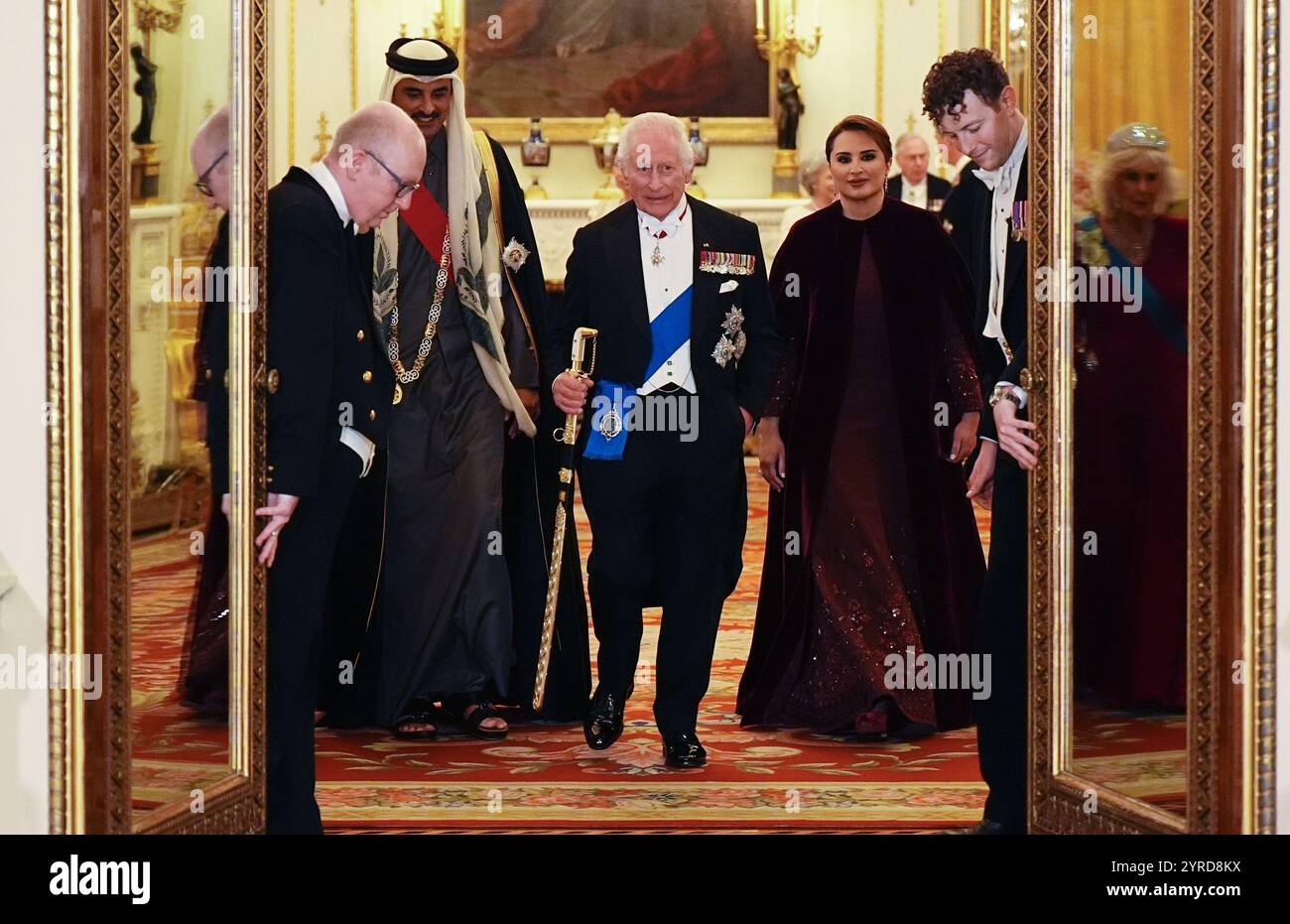 King Charles III (centre) with the Emir of Qatar Sheikh Tamim bin Hamad ...