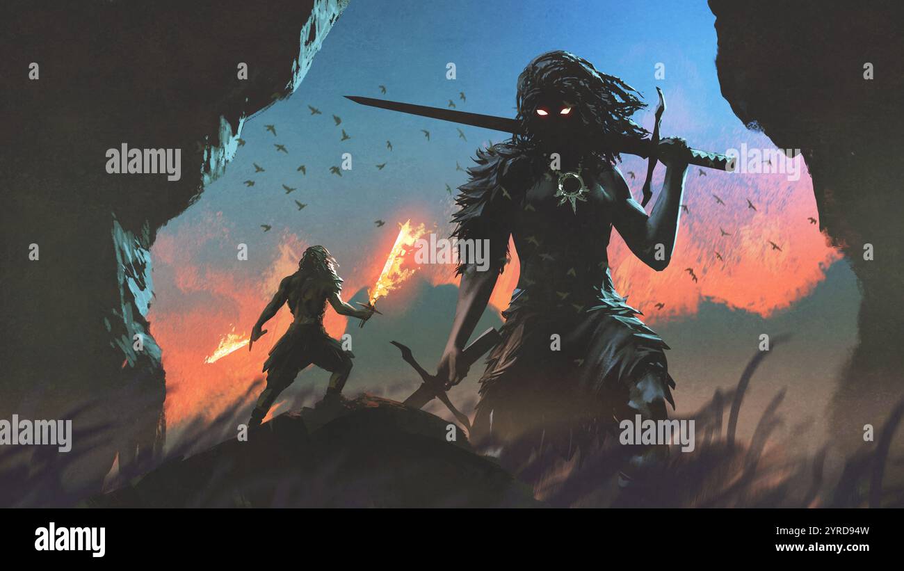 A Viking wielding twin fiery swords confronts a towering giant warrior ...