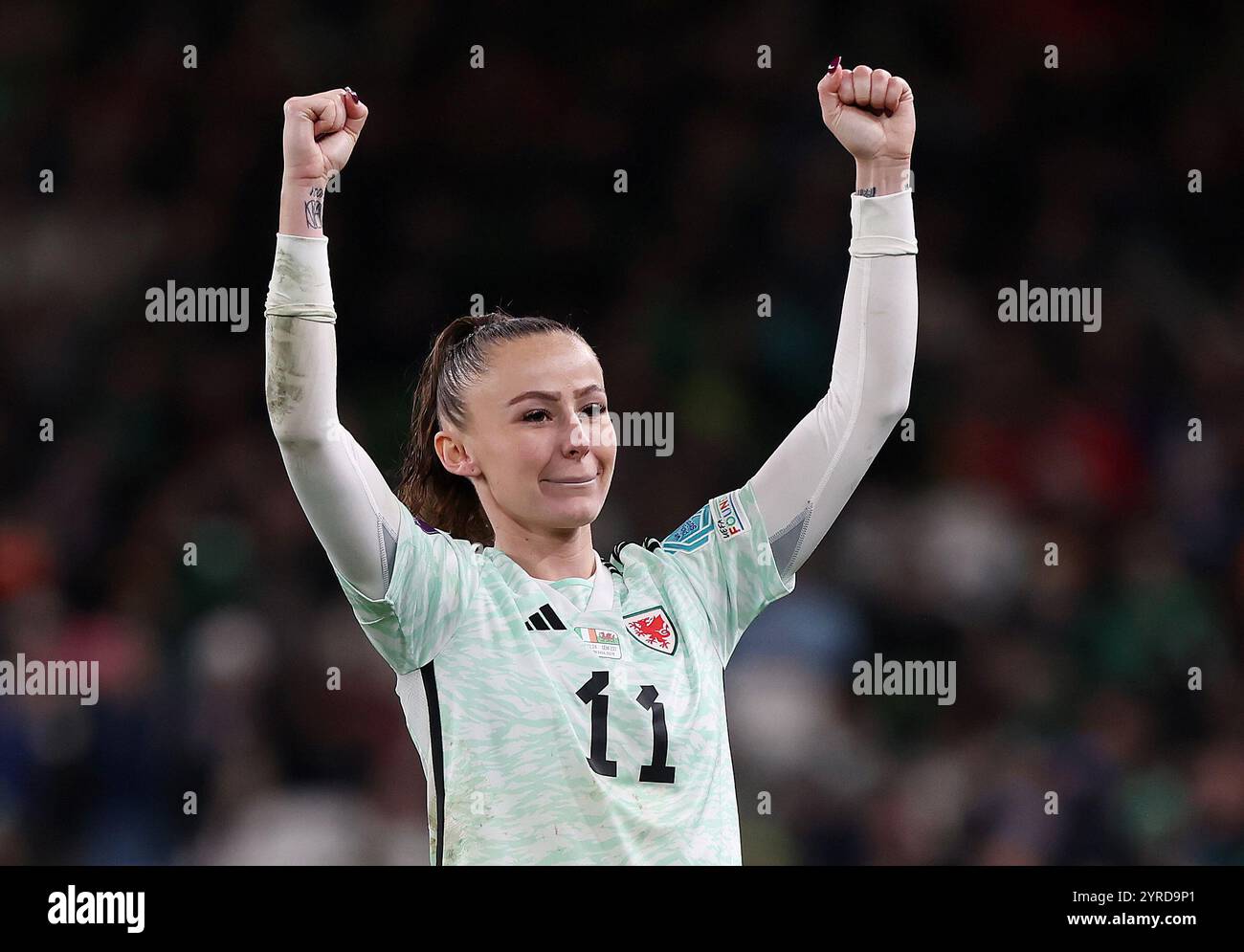 Wales' Hannah Cain celebrates after scoring the opening goal from a ...