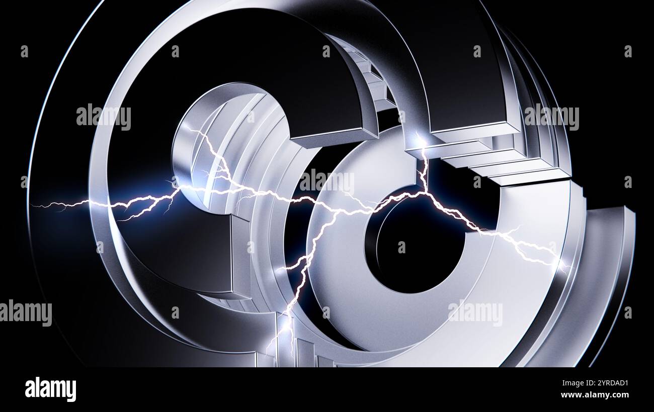 Abstract reactor core, sliced metal rings with electric zap, tube shape ...