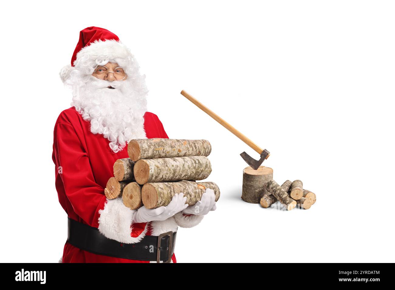 Santa claus cutting firewood with an axe isolated on white background ...