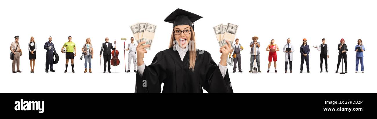 Graduate student holding money in front of people with different ...