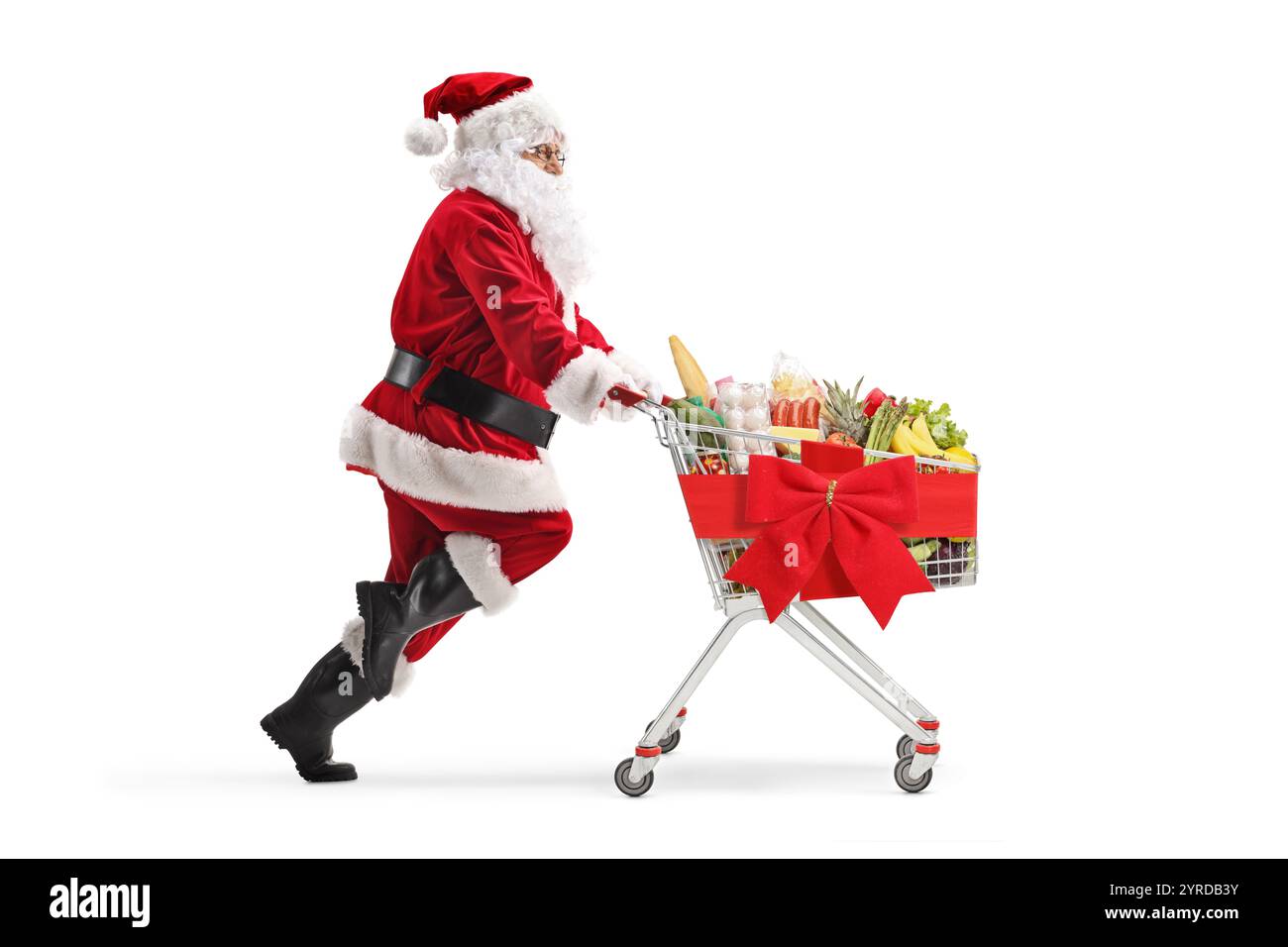Santa Claus running and pushing a shopping cart with groceries and red ...