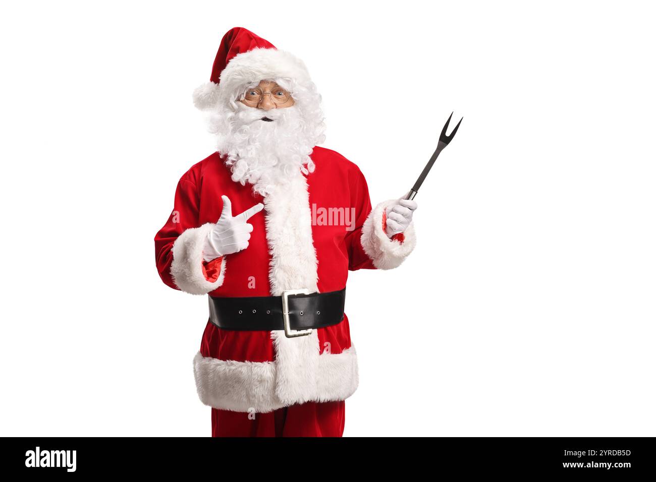 Santa claus pointing at a big fork isolated on white background Stock ...