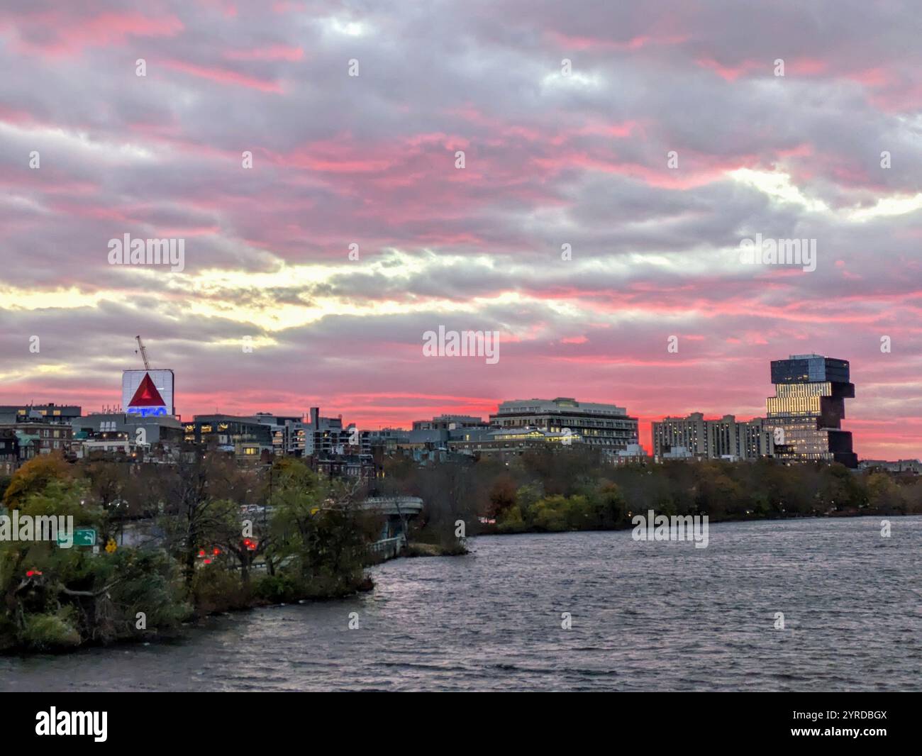 Boston skyline with pink sunset from charles river bridge Stock Photo ...