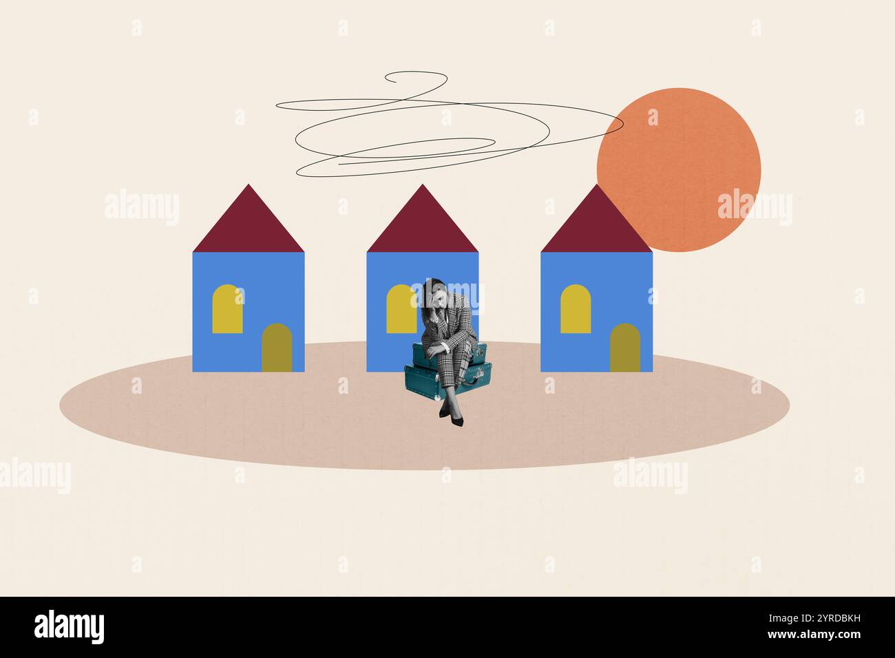 Composite photo collage of upset girl sit valise homeless home ...