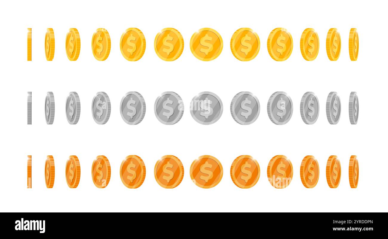Gold, silver and bronze coin animation showcasing rotation at diverse ...