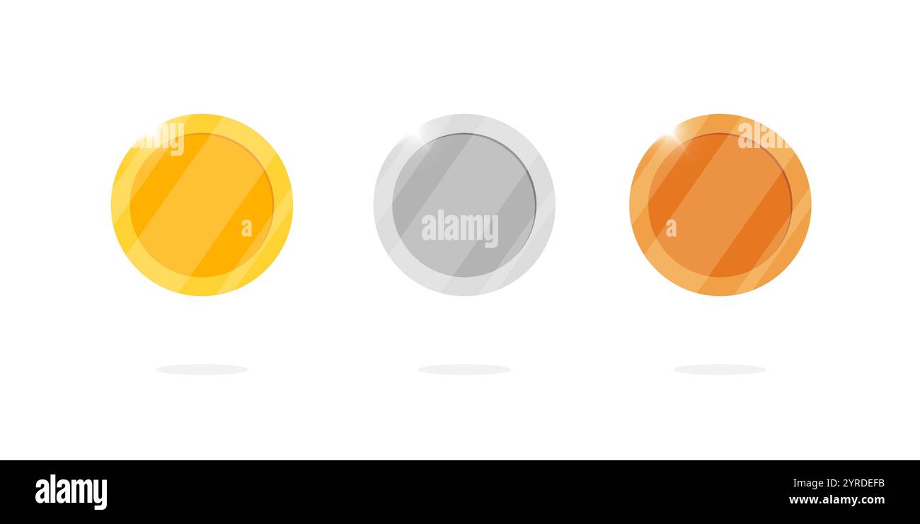 Gold silver bronze blank medal coin set for video game or app animation ...
