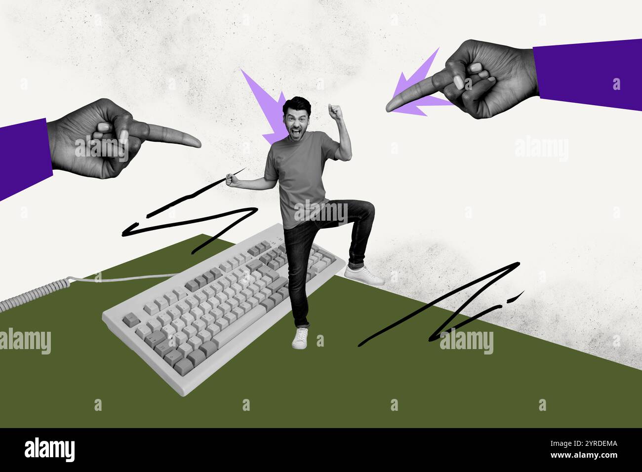 Photo collage young man computer keyboard equipment pc device finger ...