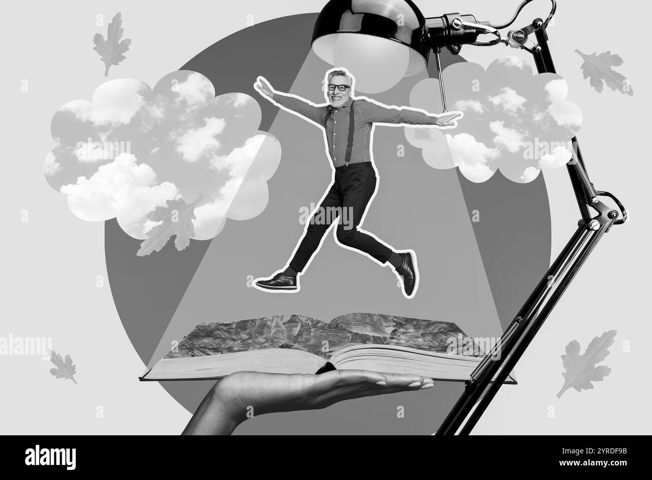 Collage photo of old funky pensioner man jumping air with suspenders ...