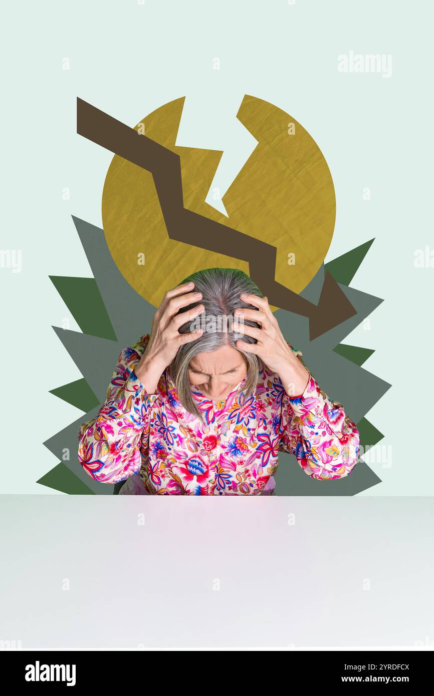 Vertical photo collage of puzzled angry woman hold head arrow regress ...