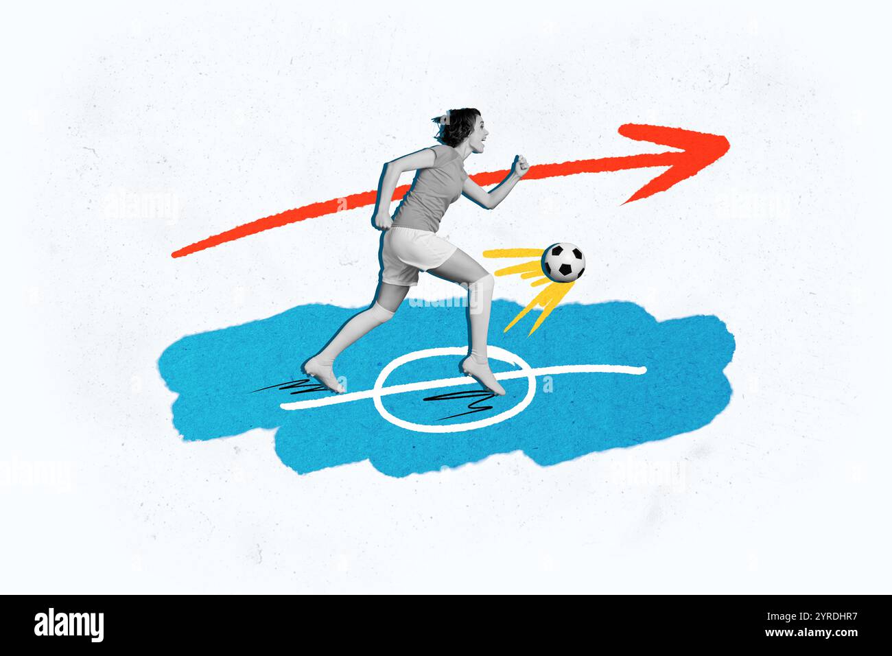 Composite photo collage of happy goalkeeper girl run football ball ...