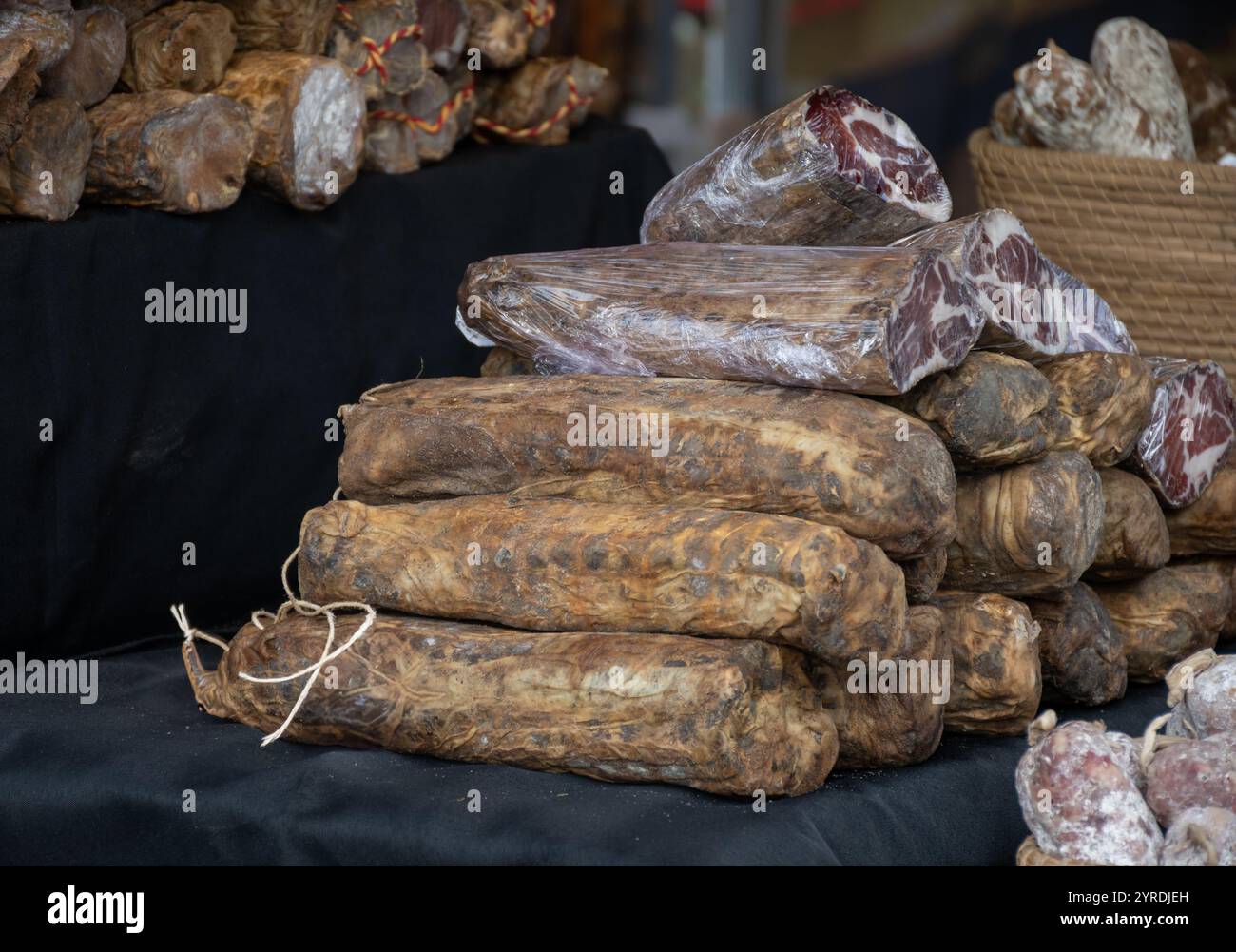 Italian meat food, Parma coppa ham dried cured meat in market in ...