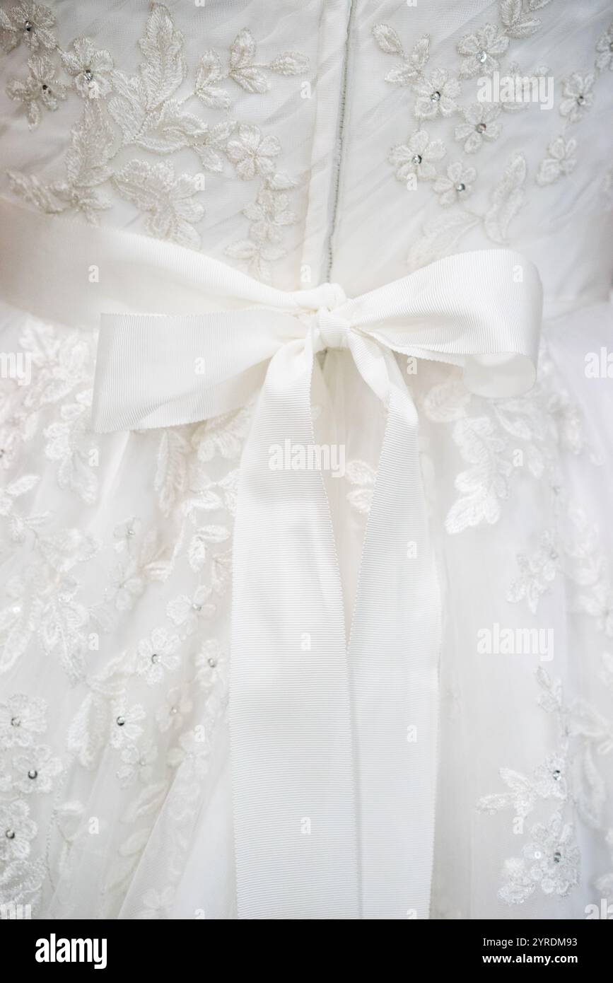 Elegant Close-Up of Lace Embellished Wedding Dress with Ribbon Bow Back ...