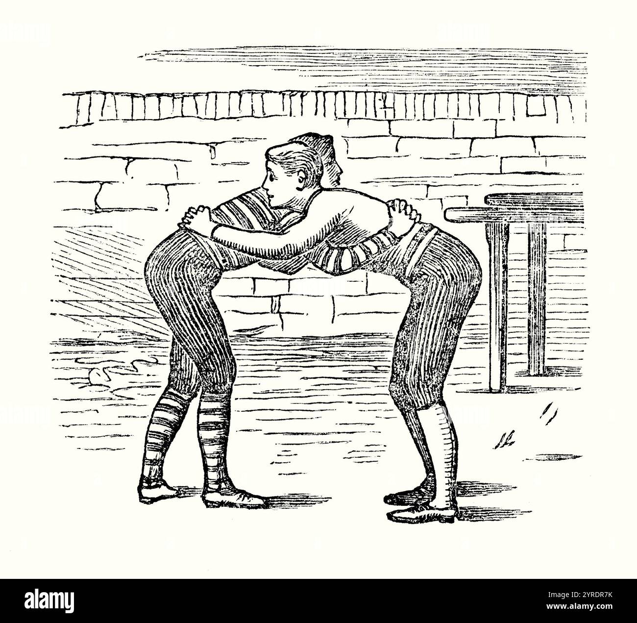 An old engraving of two wrestlers gripping each in a starting position ...