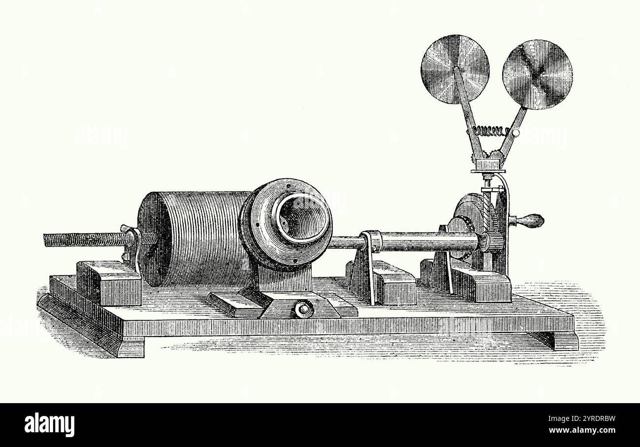 An old engraving of an early cylinder phonograph of the late 1800s. It ...