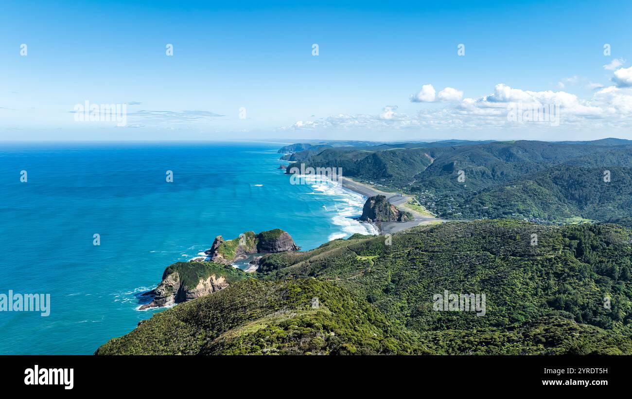 views of Auckland west coast Piha beach from high above the cliffs on ...