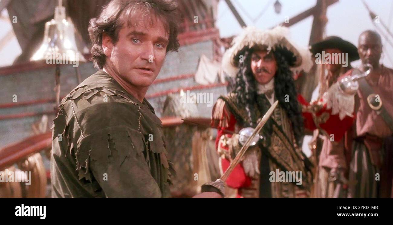 HOOK 1991 TriStar Pictures film with Dustin Hoffman as Captain James Hook at right and Robin ...
