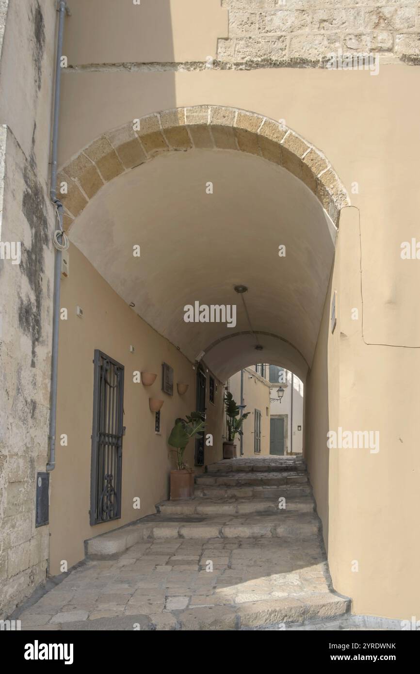 A small, arched alleyway with stone walls and plants in a Mediterranean ...