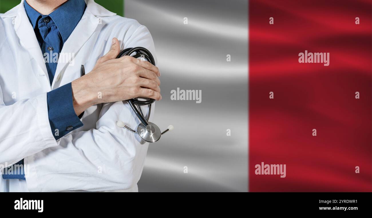 Doctor with stethoscope on Italy flag. Doctor holding stethoscope on ...