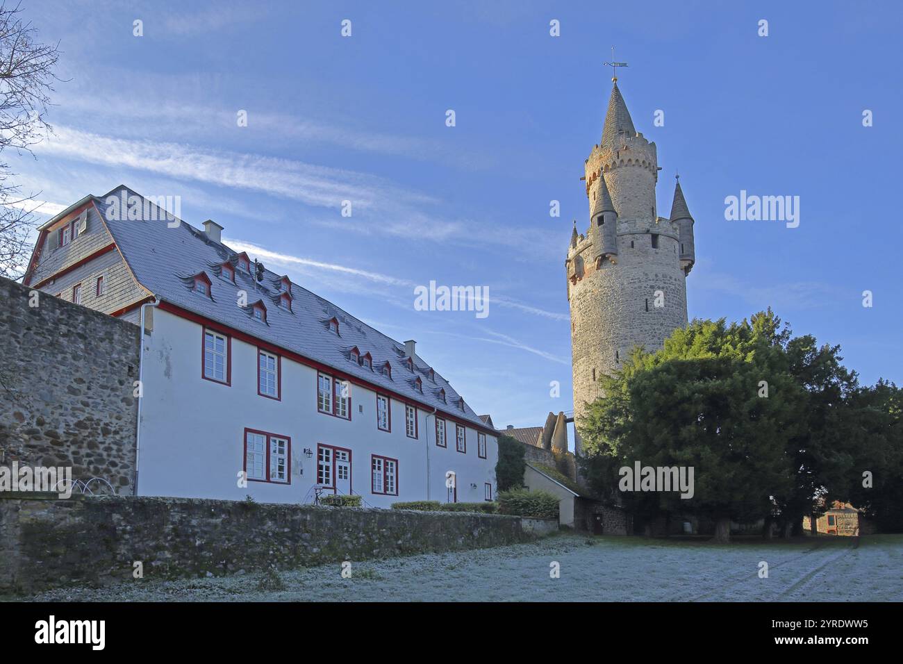 Historic Burnauische Hof and Adolfsturm built in 1350 in winter with ...