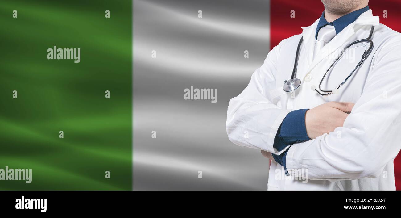 Italy Health and Care concept. Male doctor on Italy flag. Doctor with ...