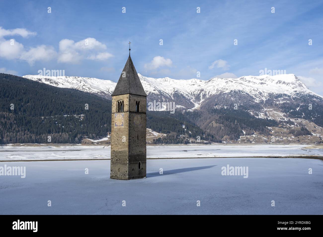 Church tower in Lake Reschen in winter, Reschen Pass, South Tyrol ...