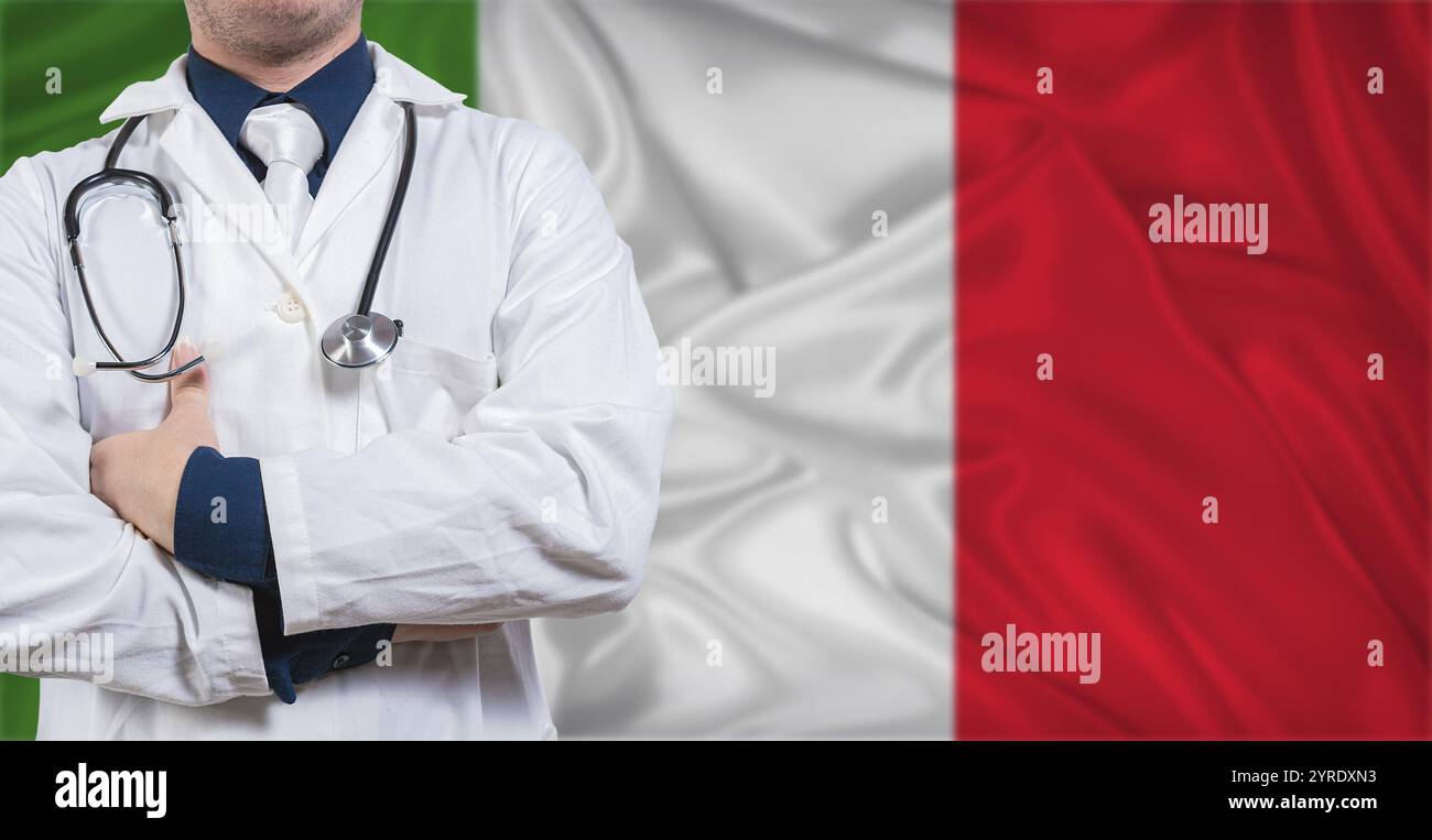 Male doctor with stethoscope on Italy flag. Doctor holding stethoscope ...
