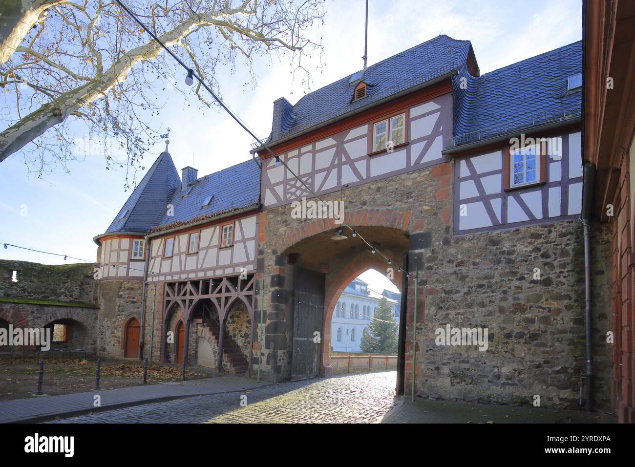 Castle gate built 14th century from inside, town fortification, archway ...