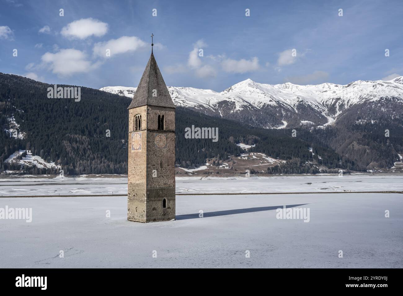 Church tower in Lake Reschen in winter, Reschen Pass, South Tyrol ...