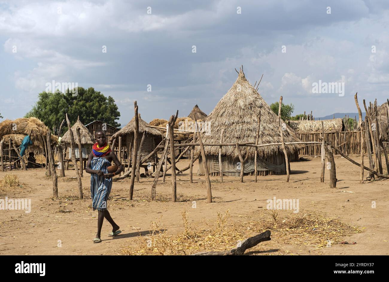 Typical Nyangatom village with round huts covered with thatched roofs ...