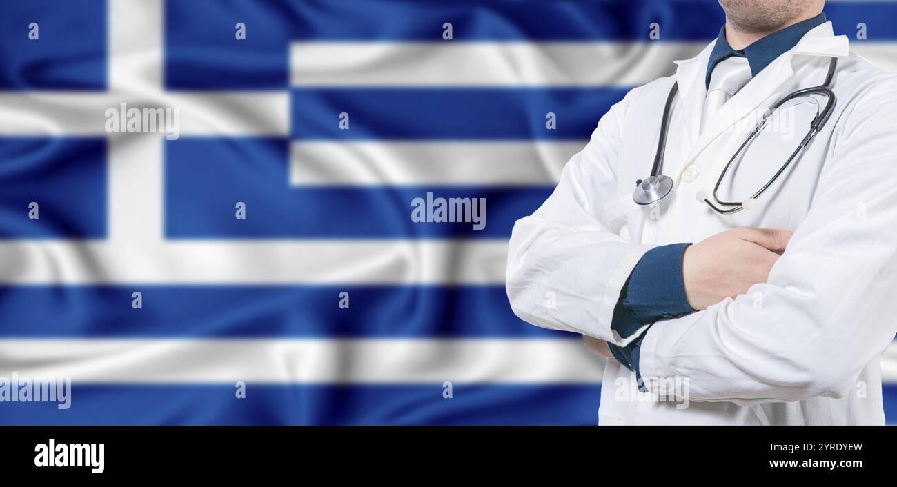 Greece Health and Care concept. Male doctor on Greece flag. Doctor with ...