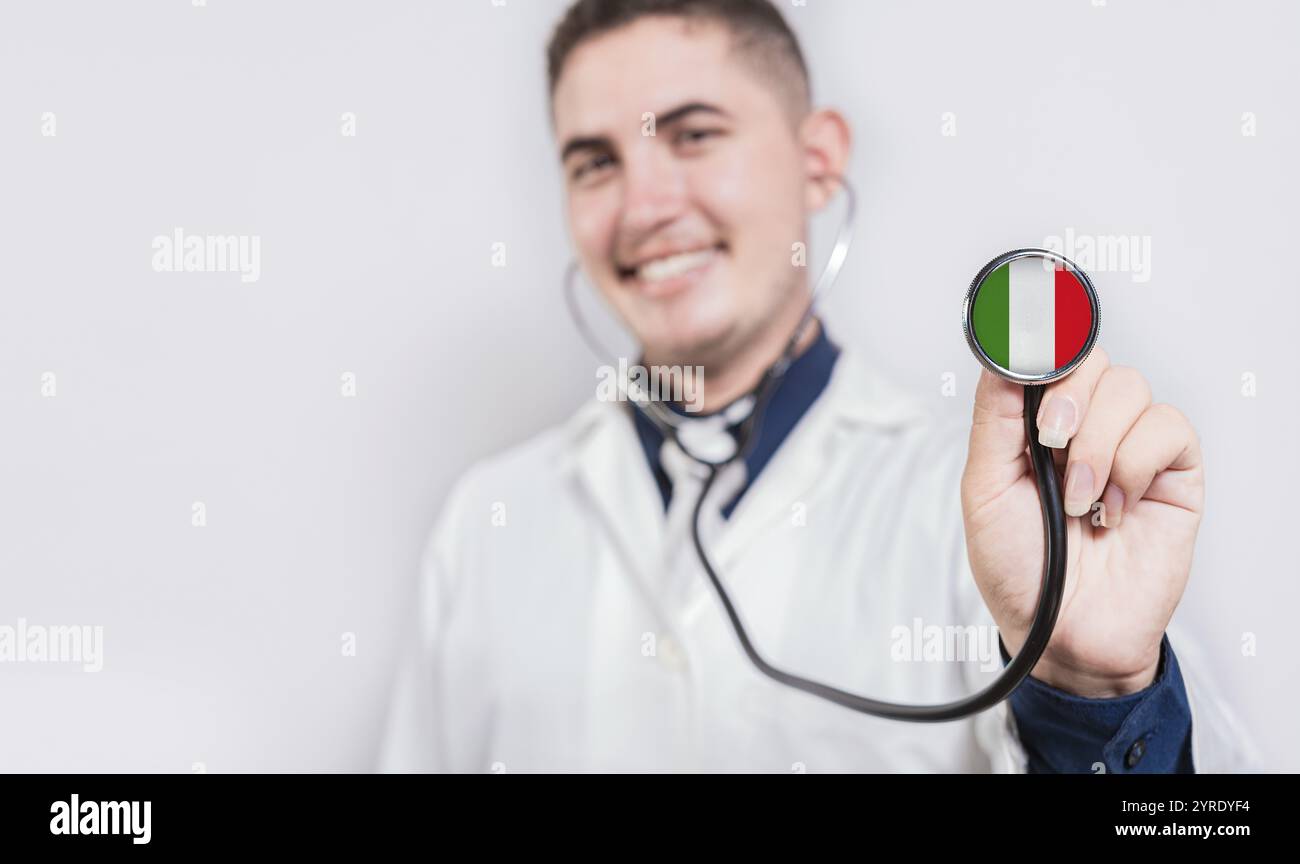Smiling doctor showing stethoscope with Italy flag. Italy National ...