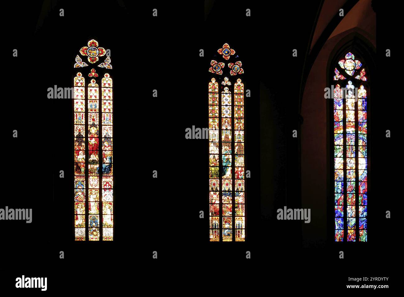 Three colourful stained glass windows from left to right, Jesus Sermon ...